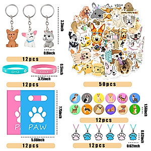 110 PCS Dog Party Favors Puppy Key Chain Necklace Silicone Wristbands Stickers Goodie Bags Button Badges For Birthday Party Favors Baby Shower Decorations Classroom Rewards Dog Theme Supplies