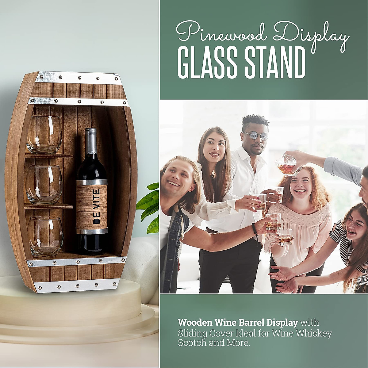 Wooden Wine Barrel Display - Pinewood Display Case with Sliding Cover Ideal for Wine Whiskey Scotch & More - 3 Built-In Shelves for Stemless Wine or Rocks Glasses, A Gift for Wedding or Any Occasion