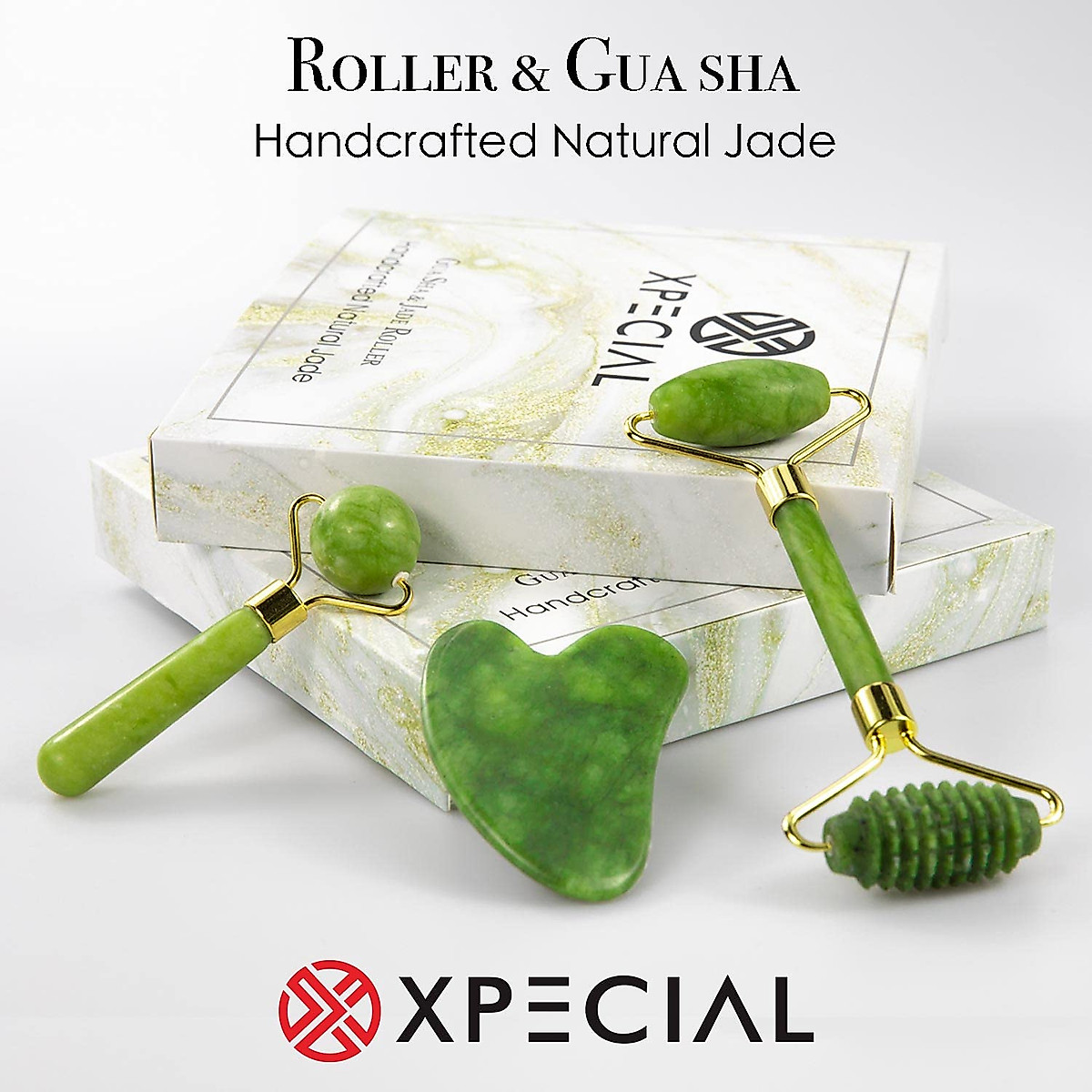 XPECIAL Gua Sha & Jade Roller 3 in 1, Face Roller, Guasha Facial Massage Skin Care Tool Set, Massager for Removal of Wrinkles & Eye Puffiness, Anti-Aging & Body Relaxation