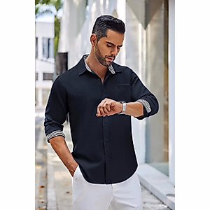 COOFANDY Mens Casual Shirts Long Sleeve Button Up Dress Shirts for Men Linen Beach Wedding Shirts, Navy Blue, XX-Large