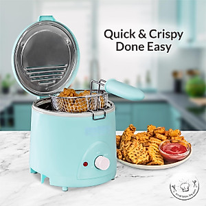 NEW 1.5-QUART DEEP FRYER, BLUE,120°F TO 400°F HEAT, SPACE-SAVING DESIGN, COOK OTHER MEATS, FISH, VEGGIES, CAKES, FRUITS, AND SO MUCH MORE, COOK YOUR FAVORITE DEEP-FRIED FOODS QUICKLY AND EFFICIENTLY.