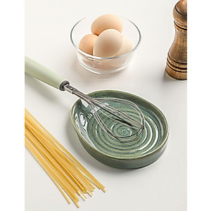 Seyatoo Ceramic Spoon Rest for Stove Top, Spoon Holder for Kitchen Counter, Farmhouse Cooking Utensil Holder for Spoons, Ladles, Spatula, Glazed Green