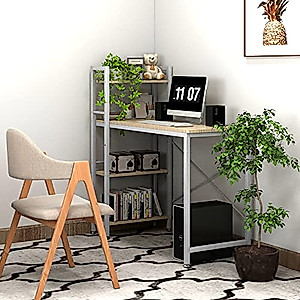 4NM 35" Small Computer Desk with 4-Tier Bookshelf, Home Office Desk Writing Workstation Study Table Multipurpose for Small Space Work - Natural and White