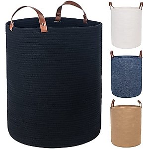 Twira Extra Large 20x16 Inches Cotton Rope Basket, Woven Baby Laundry Blanket Basket with Leather Handle Toy Basket Storage Baskets Bin for Yoga Mat & Towel (Black）