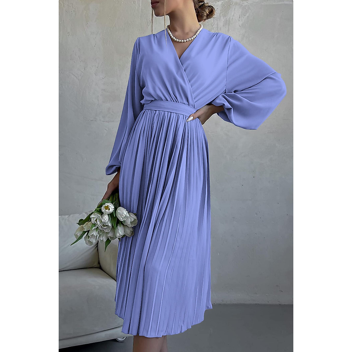 PRETTYGARDEN Women's Spring Midi Dress Long Puff Sleeve Wrap V Neck Flowy Ruffle Pleated Casual Fall Dresses (Blue,Large)