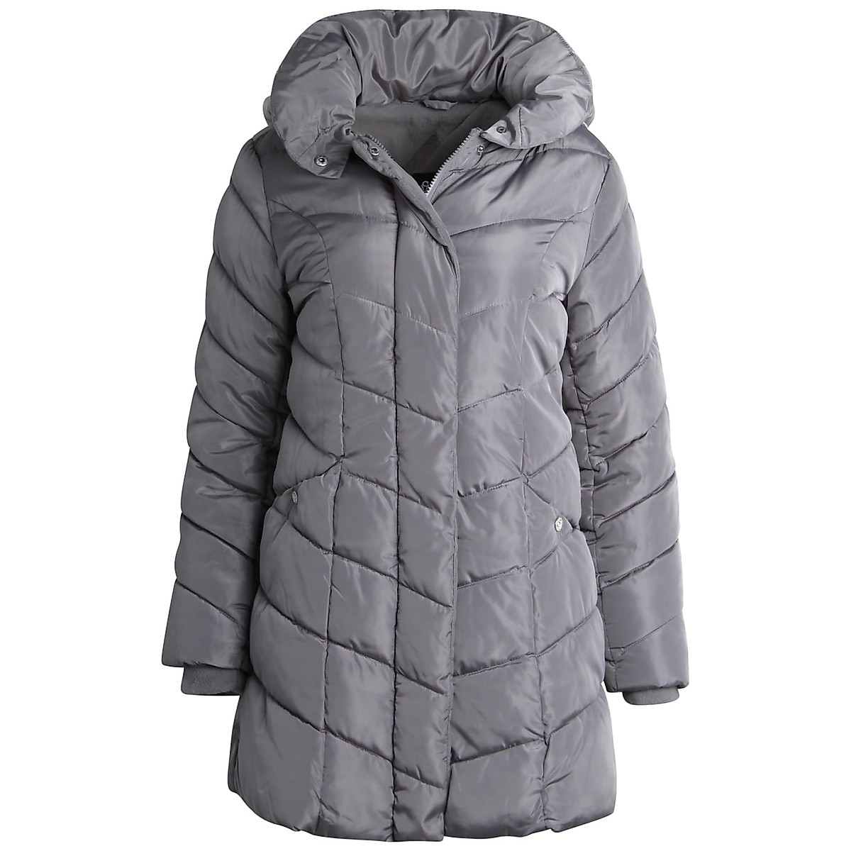 Steve Madden Women's Long Chervron Quilted Outerwear Jacket, Titanium, Large