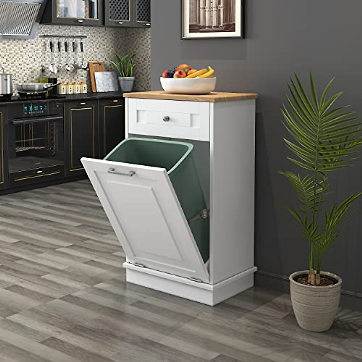 Goodyo Tilt Out Kitchen Trash Can Cabinet Wooden Trash Can Holder, Oak Top ,White w/ Drawer