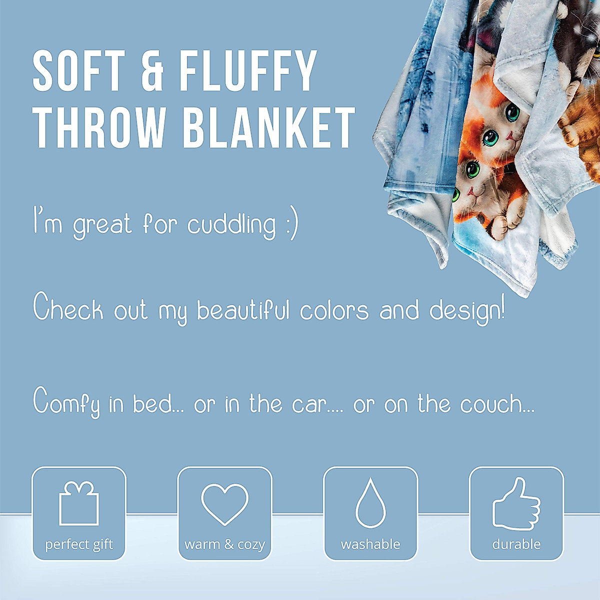 Cat Throw Blanket, Adorable Extra-Large Kitty Cat Blanket for Adults, Kids, Boys, Girls, and Kittens, Fleece Cat Blanket (50in x 60in) Warm, Cozy, and Plush Throw for Bed, Couch, and Sofa