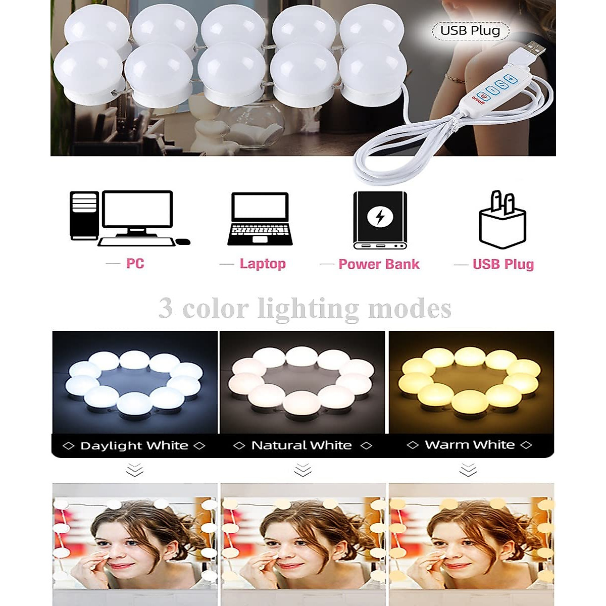 Vanity Set Dressing Table with Lighted Mirror, Modern Storage Makeup Table with 5 Drawers and Stool,White (H1905)