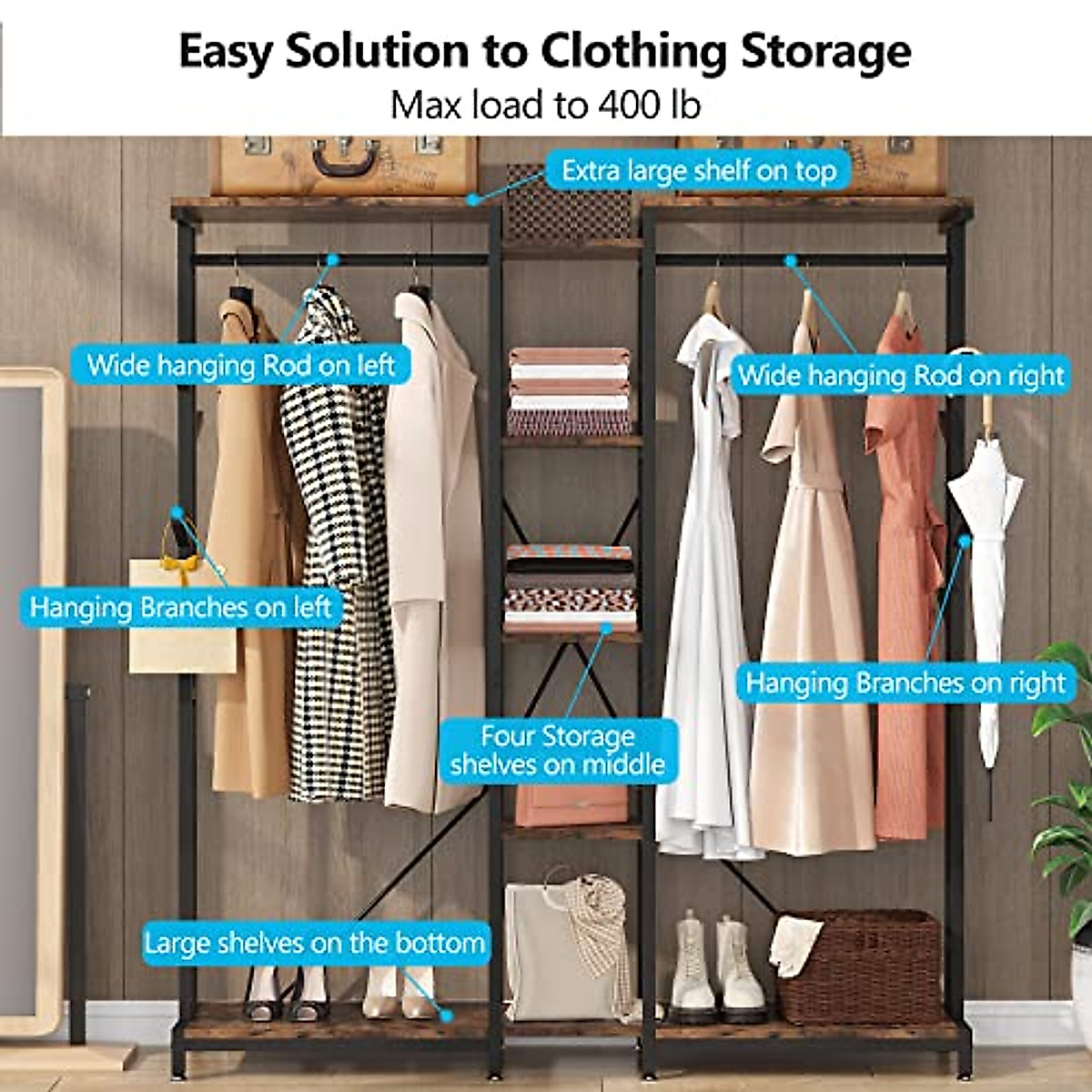 Tribesigns Extra Large Closet Organizer with Hooks, Free-Standing Closet Clothes Rack with Shelves and Hanging Rod, Heavy Duty Industrial Clothing Shelf Closet Storage System for Bedroom (rustic)