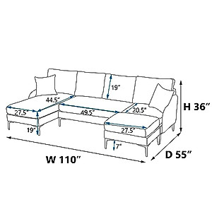 WOXYX Set Reversible Left or Right Sectional Sofa, U-Shape 4-Seat Convertible Couch with Lounge-Chaise Upholstered and Two Throw Pillows, Blue