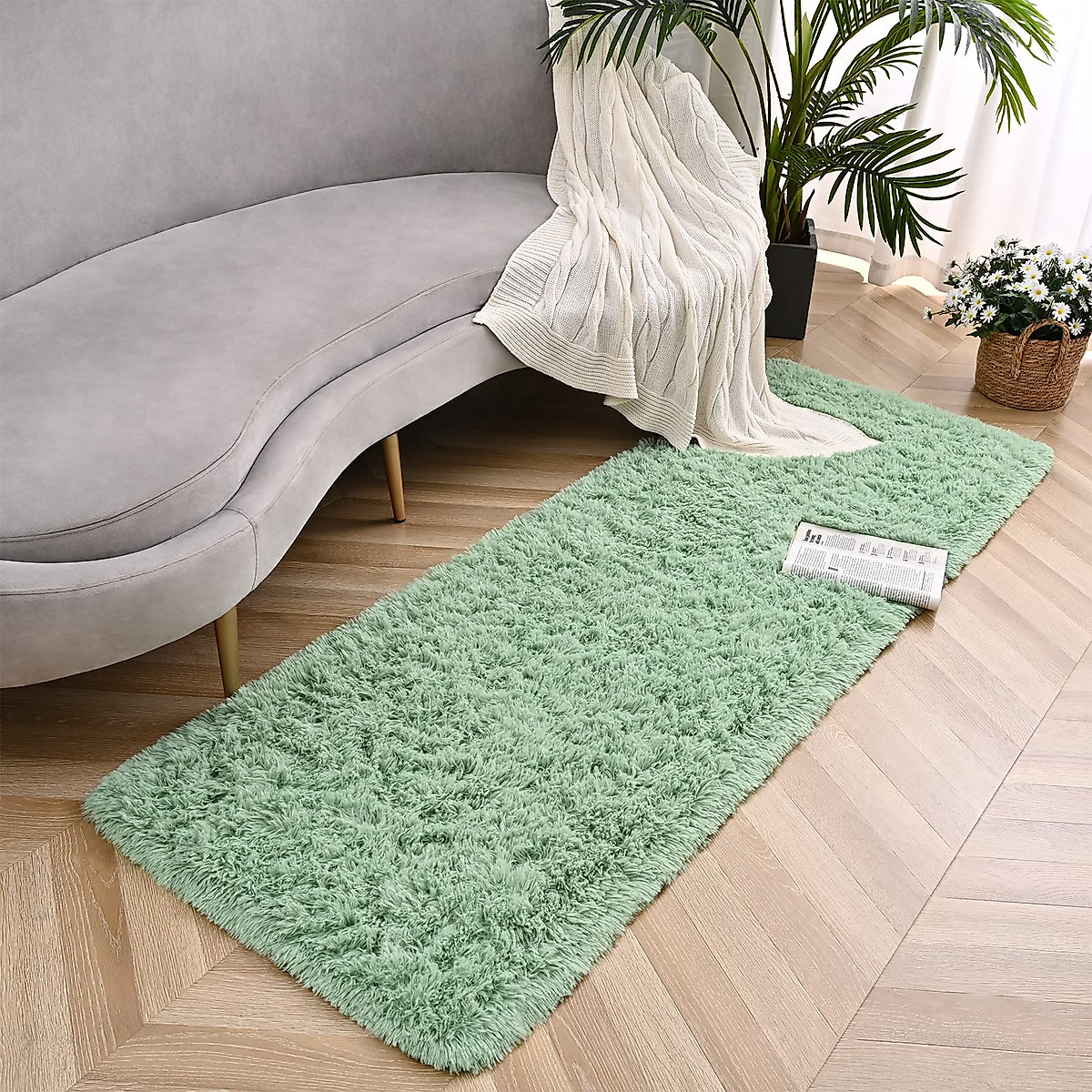 Zedrew Sage Green Runner Area Rugs for Bedroom Living Room, 2x4 Feet Fluffy Bedside Rugs, Soft Shaggy Carpet Rug for Kids Room Nursery, Furry Rugs for Girls Boys Dorm Room Home Decor