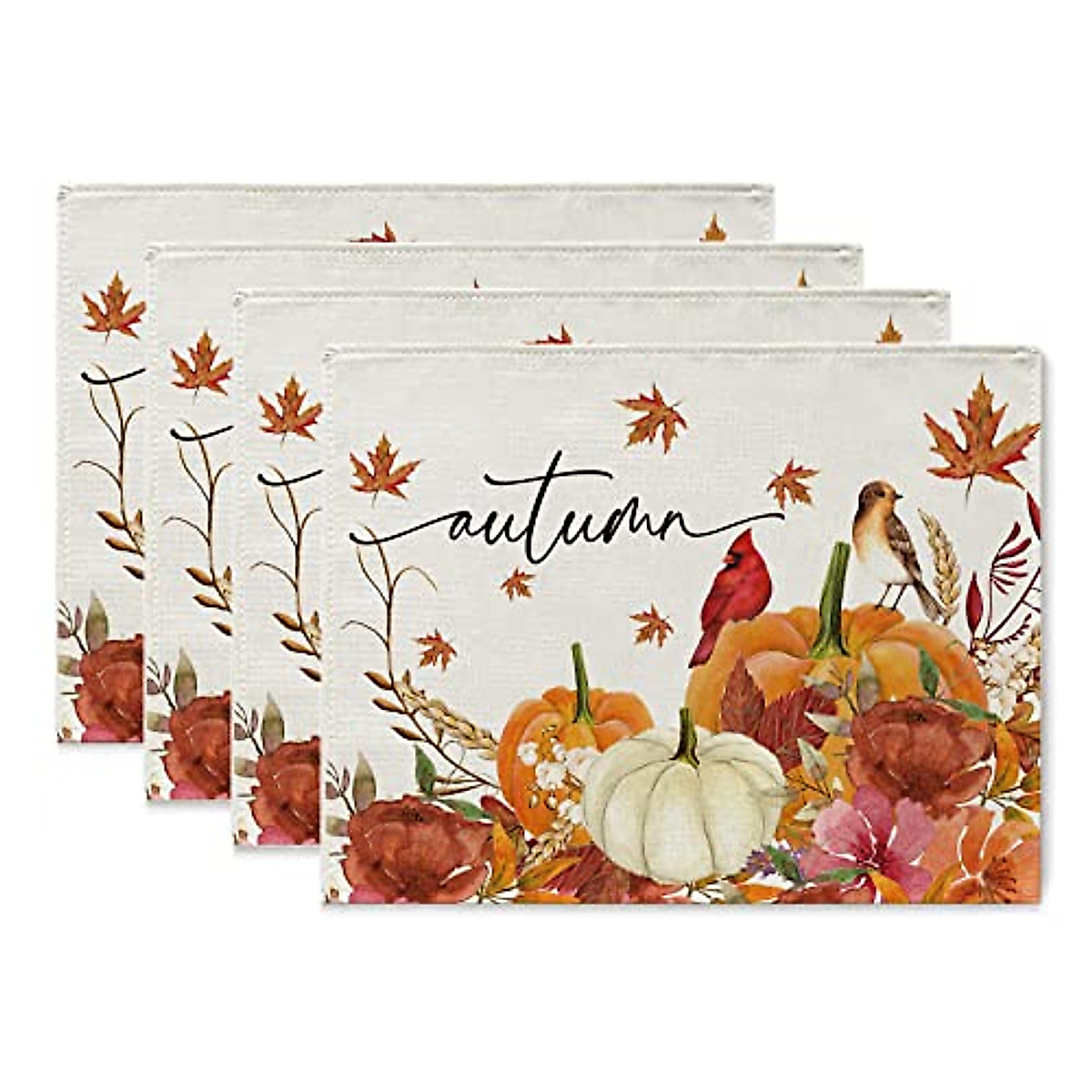 Fall Placemats Pumpkin Cardinals Maple Leaves Floral Paddy Autumn Harvest Placemats Set of 4 for Seasonal Home Kitchen Dining Table Party Decor 12 x 16 Inch