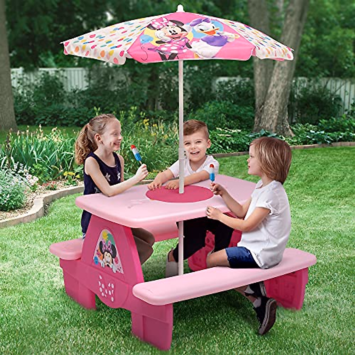 Delta Children 4 Seat Activity Picnic Table with Umbrella and Lego Compatible Tabletop, Minnie Mouse, 32.5 in x 34.25 in x 53.5 in