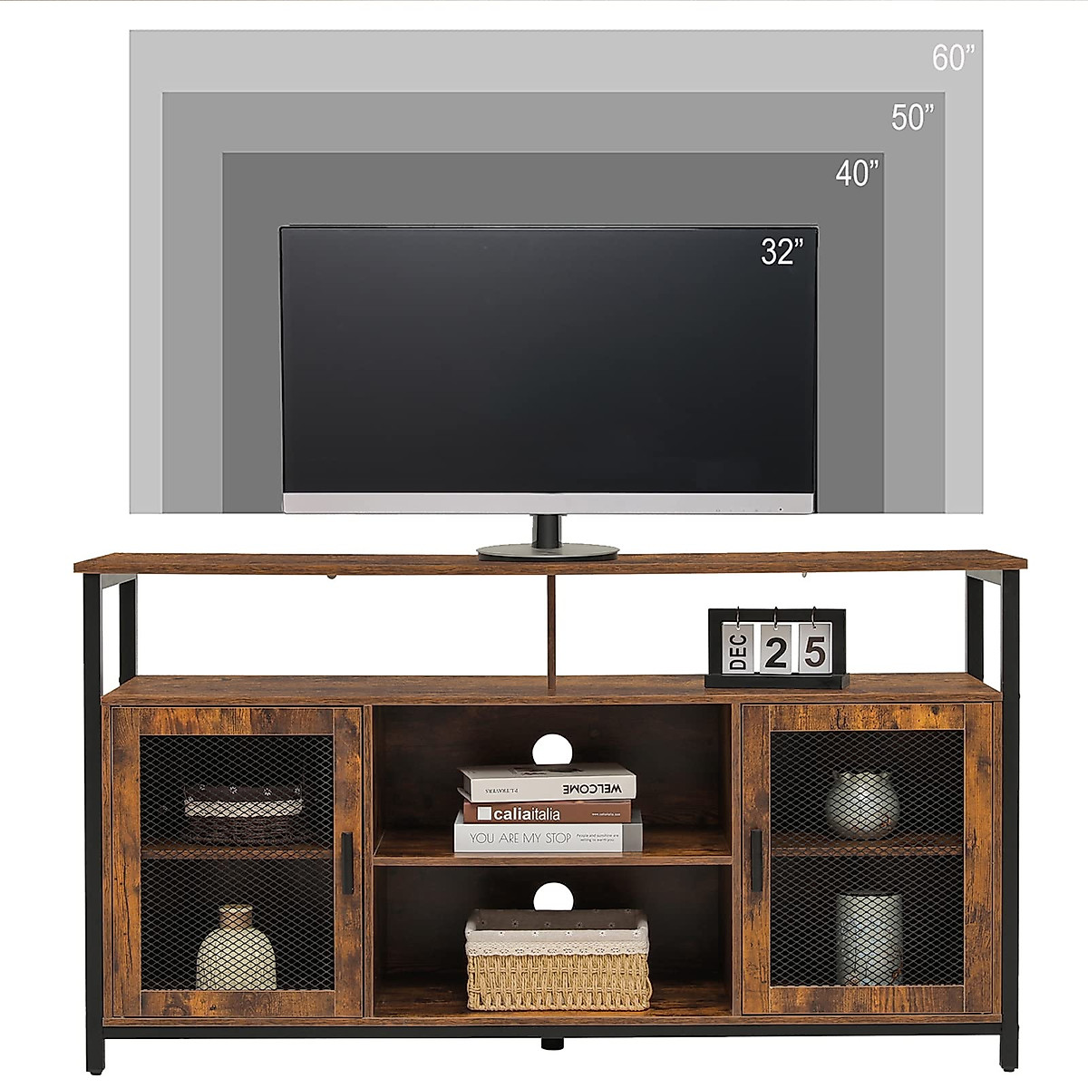 usikey Industrial TV Stand for 60 Inch TV, Entertainment Center, TV Cabinet with Storage Shelves, Media TV Console, Home Living Room Storage Cabinet for TV, Rustic Brown