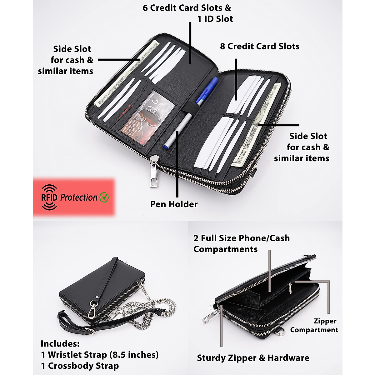 AG Wallets Women's Double Zipper RFID Leather Wristlet Wallet (Black Wax Finish)