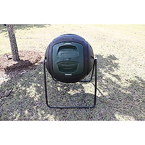 Exaco Ms. Tumbles Round Easy to Turn Compost Tumbler - 35 Gallons, Drain Hose with Cut-Off Valve, Black/Green