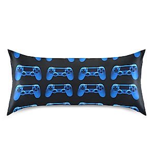 Oyihfvs Video Game Joystick Gamepad in Blue Neon Lights Isolated on Black Silky Satin Pillowcase for Hair and Skin, Soft Bed Pillow Cover, Decorative Silk Pillow Cases, King Size 20x40 inches