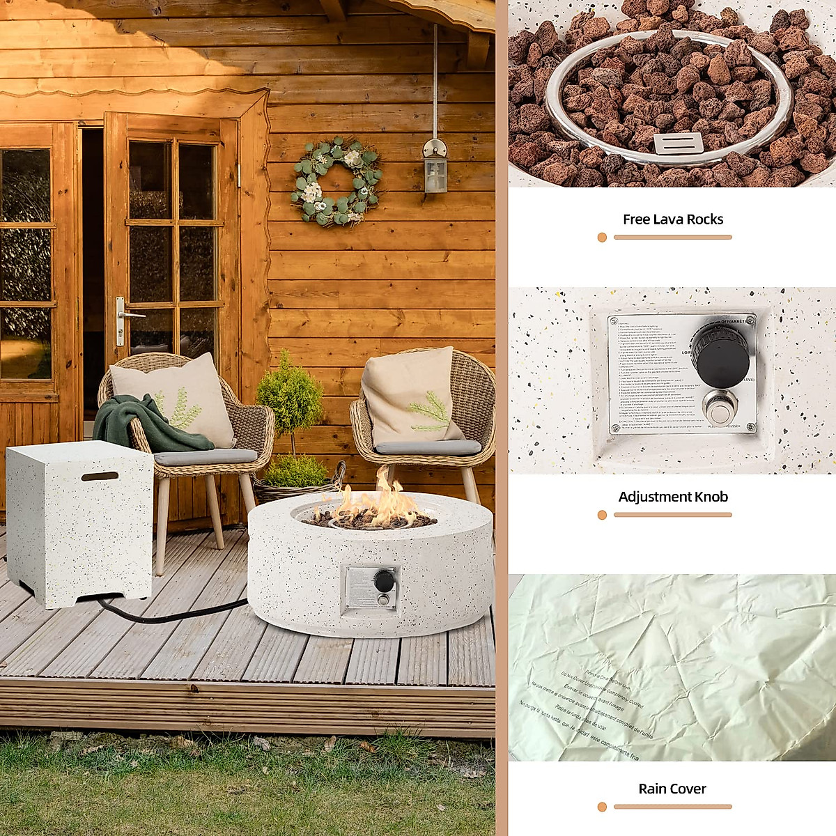 HOMPUS Outdoor Propane Fire Pit 40,000 BTU 28-inch Round Concrete Natural Gas Fire Table Outside Smokeless Firepit Furniture with Tank Cover,Lava Rocks and Rain Cover for Garden,Deck,Backyard