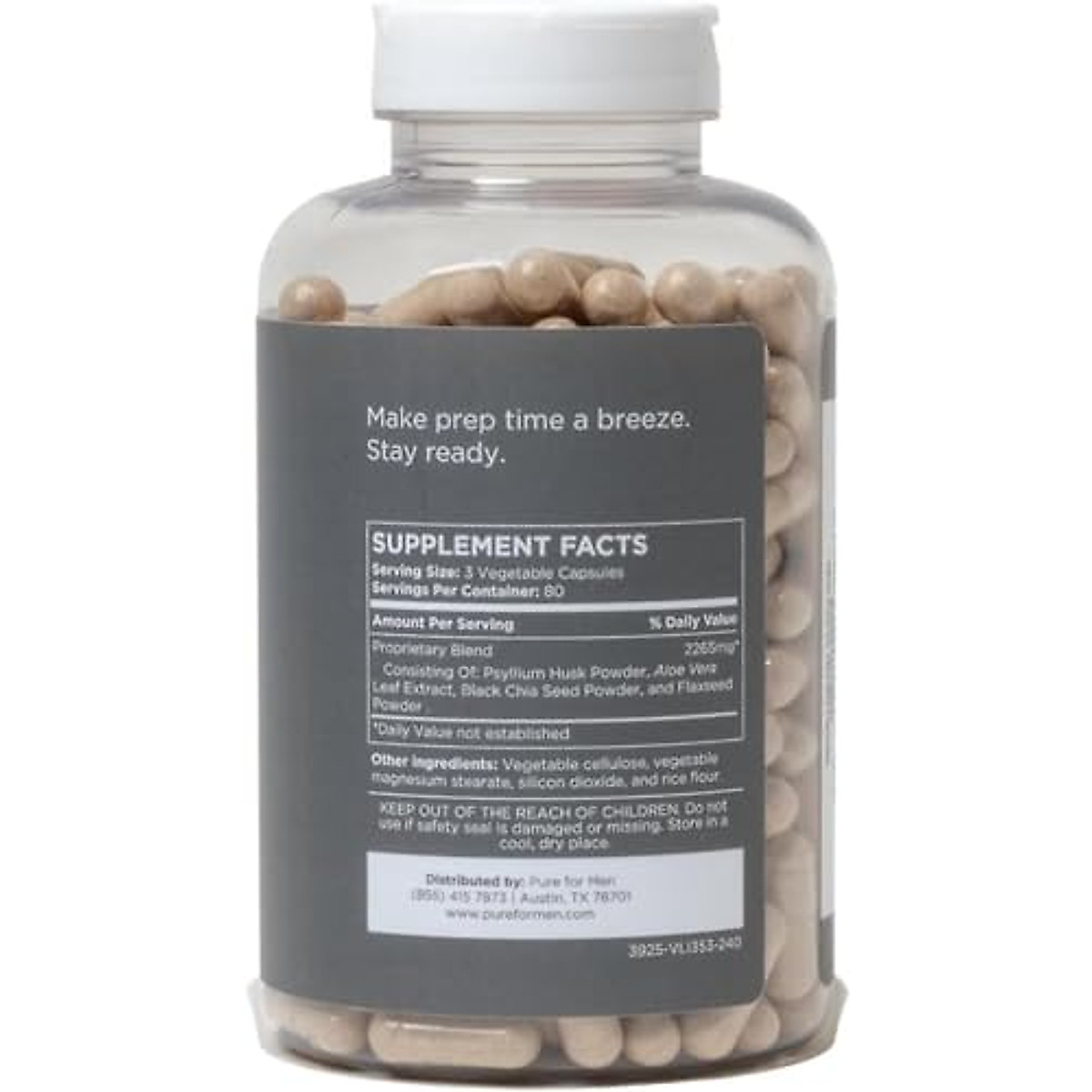 Pure for Men Original Cleanliness Stay Ready Fiber Supplement | Helps Promote Digestive Regularity | Psyllium Husk, Aloe Vera, Chia Seeds, Flaxseeds | Proprietary Formula | 240 Vegan Capsules