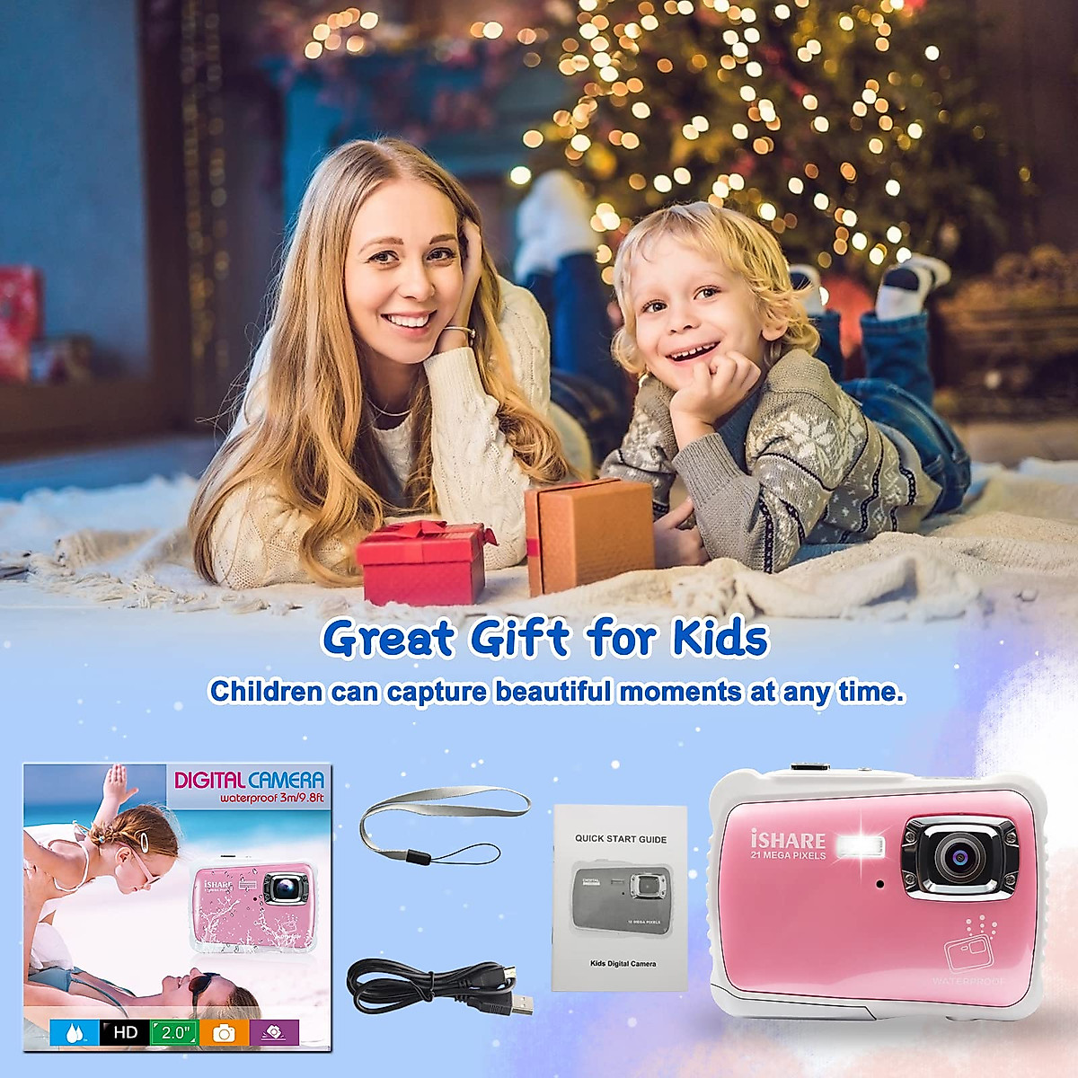 YEEIN 10FT Waterproof Digital Camera for Kids 21MP Underwater Camera with 32G SD Card, 8X Digital Zoom Point and Shoot Camera for Boys and Girls