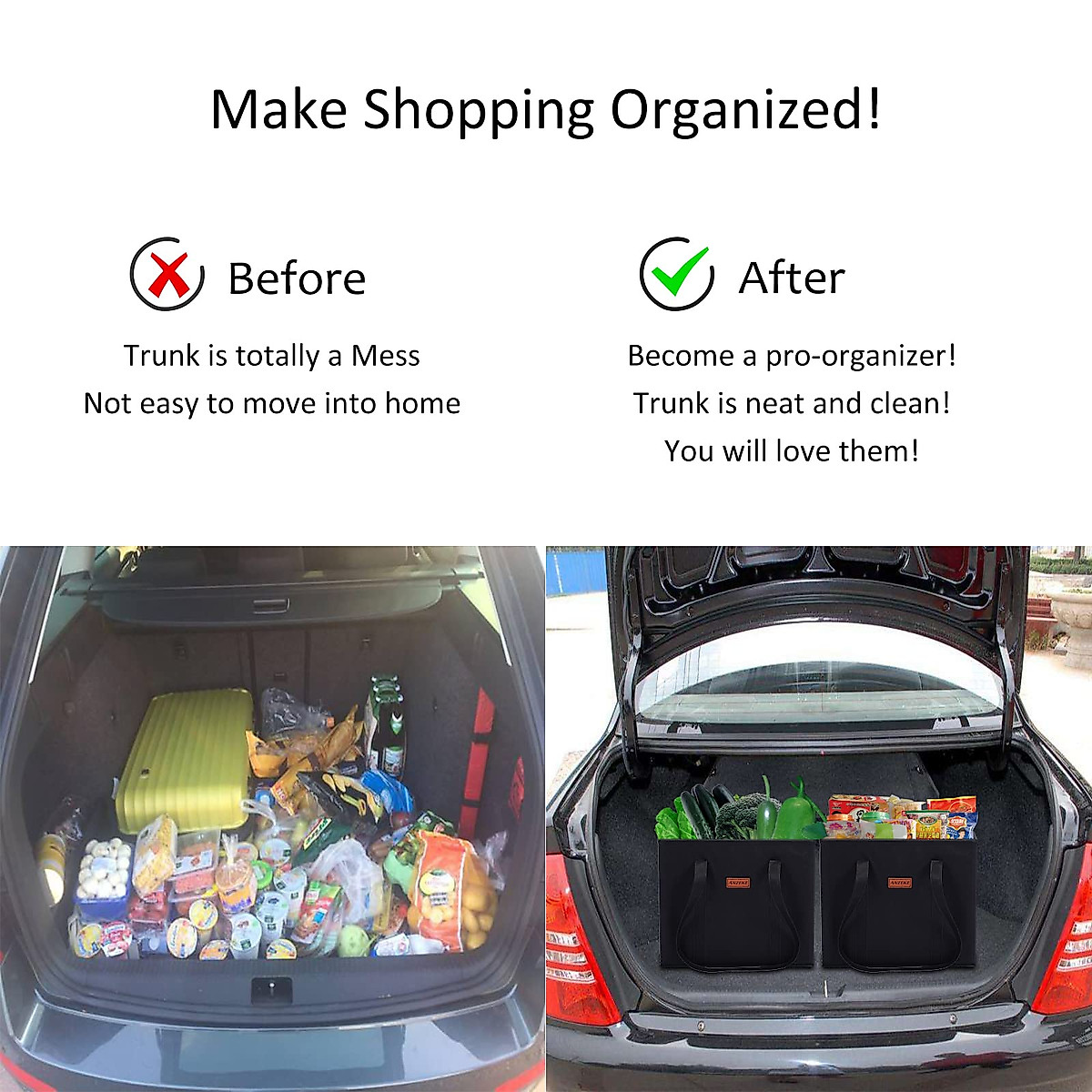 ANZEKE 4 Pack Reusable Grocery Bags Shopping Bag with Reinforced Bottom and Handles,Collapsible, Durable and Eco Friendly for Shopping,Groceries, Storage, Picnic, Beach, Pool, Laundry (Black)