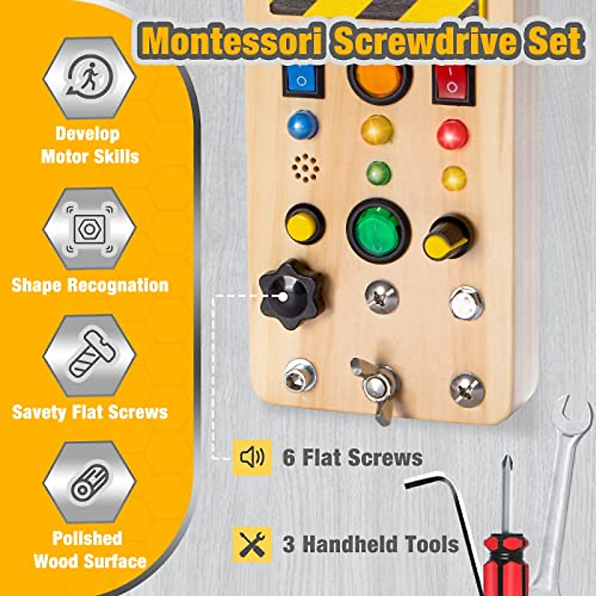 Pussan Busy Board, Montessori Toy for 3 Year Old Boy Birthday Gift, Sensory LED Lights and Tools Toy Montessori Busy Board Games, Toddlers Toys Gifts for 3+ Year Old Boys and Girls