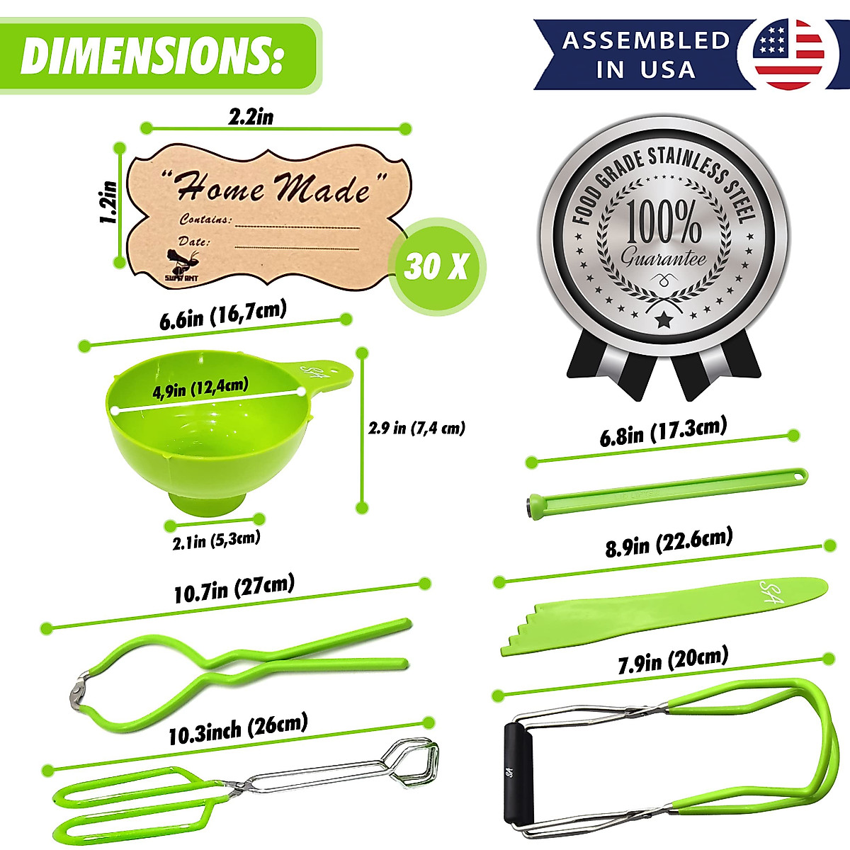 Supa Ant Canning Supplies - USA Assembled & Certified Food Grade Stainless Steel Canning tools - Canning set/pickling kit for beginners - Canning kit includes extra wide mouth funnel for mason jars