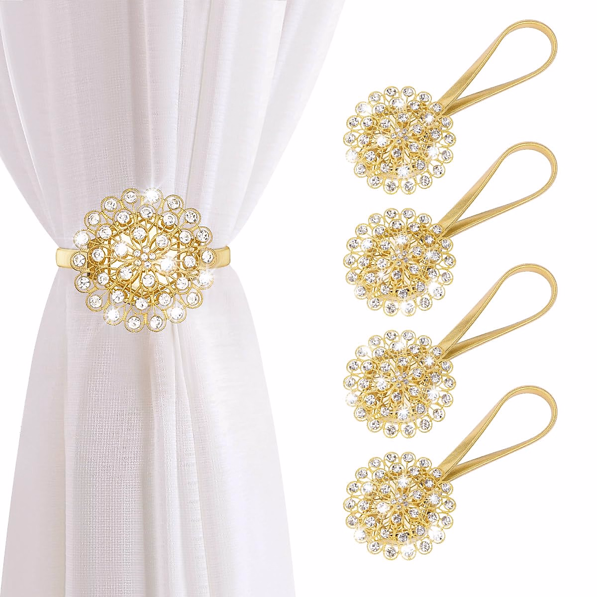 AULEEP Magnetic Curtain Tiebacks, 4 Pack Magnetic Crystal Decorative Drapes Curtain Clips Buckle, Flower Curtain Tie Back, European and American Style (Gold)