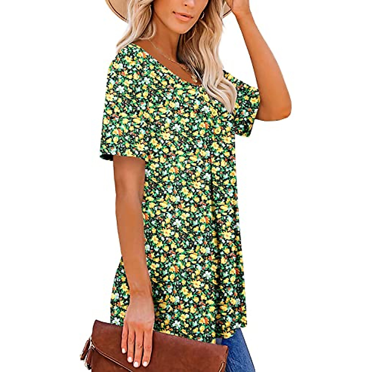 ROSELINLIN Womens Green Tunic Tops Summer Dressy Casual Short Sleeve Blouse Floral Shirts Plus Size 3XL