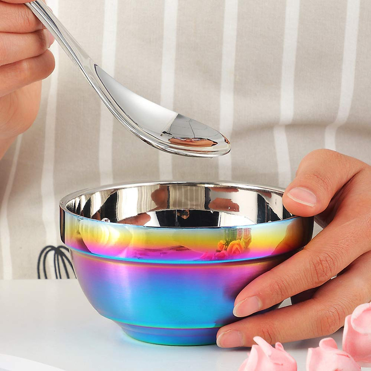 Large Rainbow 304 Stainless Steel Bowl Set of 4, Double-Walled Heat Insulation Anti-Scalding Kitchen Soup Bowls, Drop Resistance Children Bowl Salad Bowl Set for Mixing (5.1 Inches Diameter)