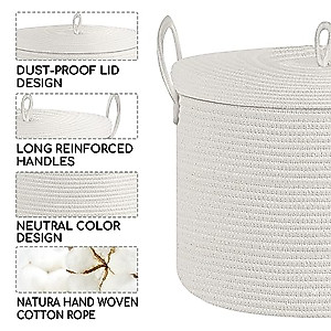 MEGASKET White Baskets for Organizing, 20" X 20" X 15" Large Storage Basket with Lid, Nursery Tall Baby Wicker Laundry Basket Hamper with Lid, White Blanket Toy Woven Rope Storage Basket Living Room