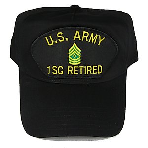 U S Army 1SG Retired with First Sergeant Rank Insignia HAT - Black - Veteran Owned Business