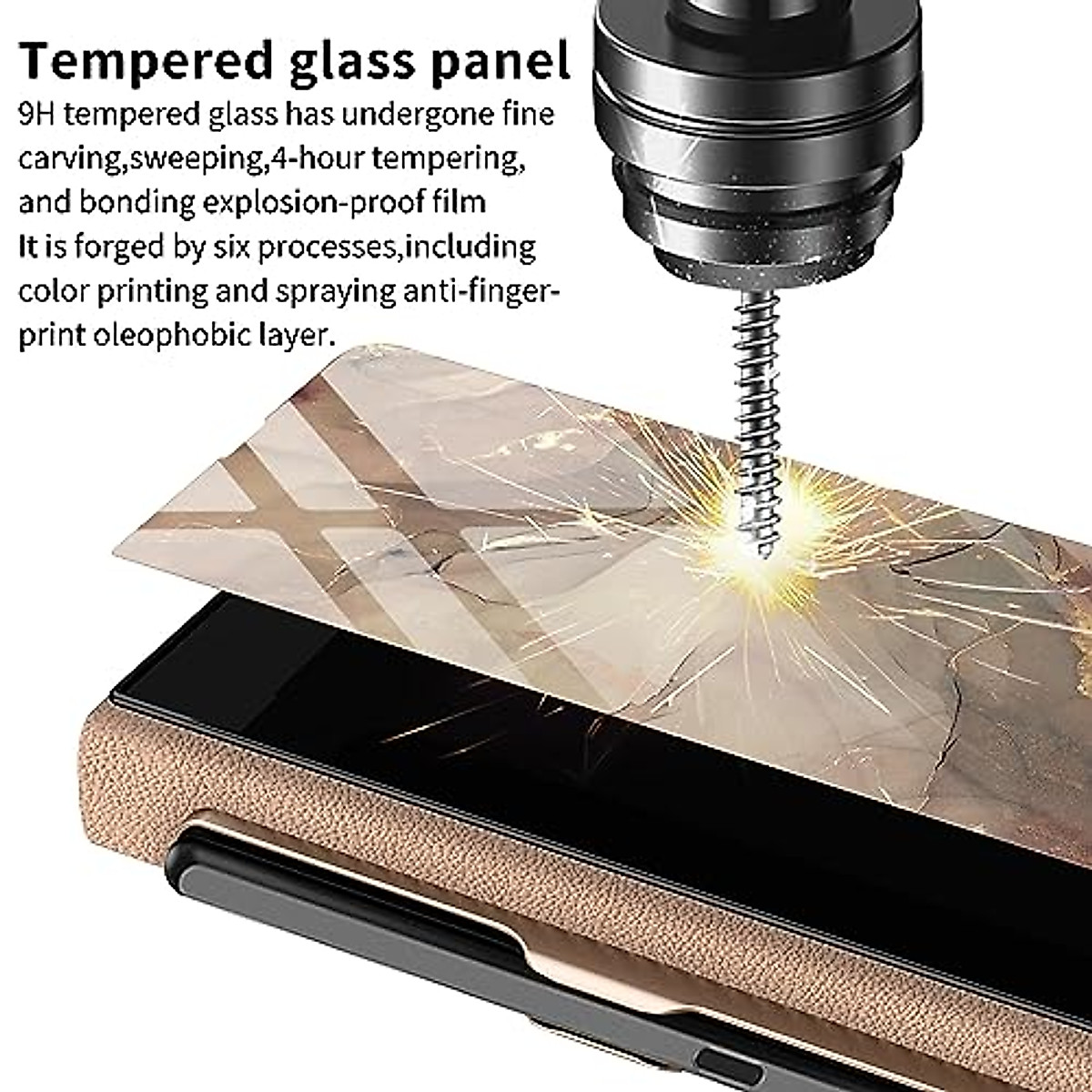 Breclar for Samsung Galaxy Z Fold 5 Case with [Fold5 Edition S-Pen Pocket] Colorful Plating Glass Crystal Hybrid Leather Built-in HD Screen Protector All-Inclusive Case for Z Fold 5 (Champagne Gold)