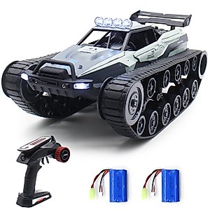 Losbenco Remote Control Tank, 1:12 Scale 2.4Ghz Alloy RC Tank, 360° Rotating Off-Road 4WD RC Crawler with Spray and Light Function for Kids Adults