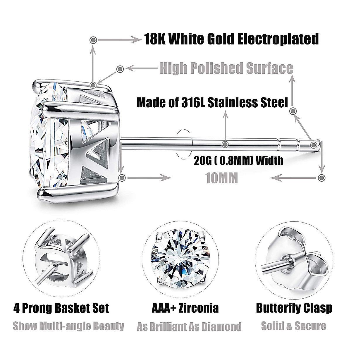 Jstyle Stud Earrings for Women 18K White Gold Rose Plated CZ Halo Earrings Created Opal Earrings Set for Sensitive Ears with Gift Box