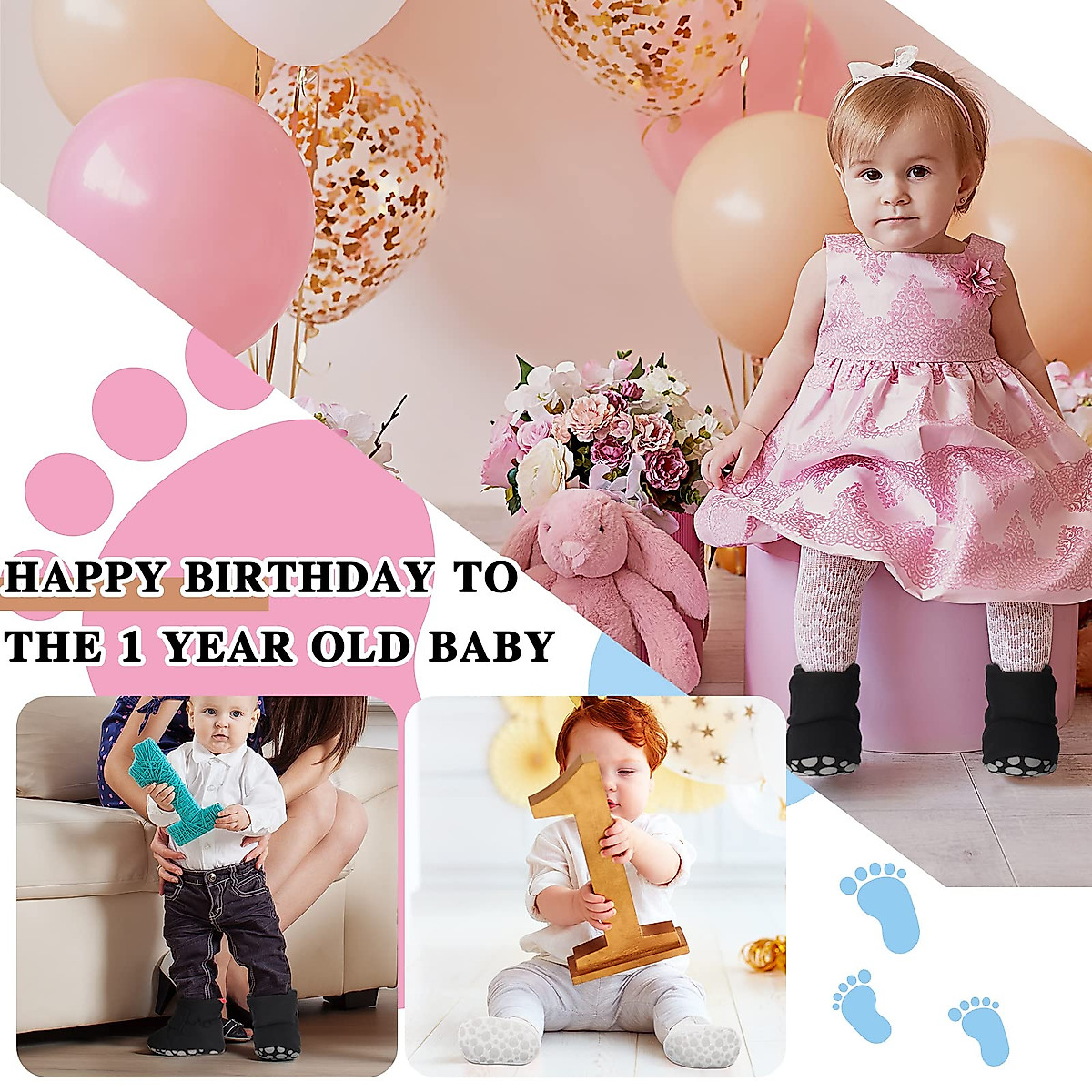 Bencailor 2Pair Baby Booties Unisex Newborn Baby Cotton Booties Warm Sock Shoes Nonslip Stay on Baby Shoes with Gripper Soles (Black, White,6-12 Months)