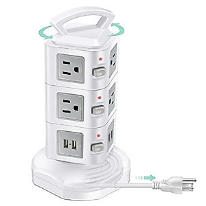 Power Strip Tower Surge Protector, Retractable Extension Cord with Multiple Outlets, 10 AC Outlets with 4 USB Ports Charging Tower, Multi Plug Outlet Extender Desktop Charging Station for Home Office