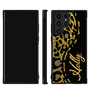 Leopard Gold Personalized Black Rubber Phone Case Compatible With Samsung Galaxy S25 S25+ S25 Ultra S24 S24+ S24 Ultra S24FE, S23 FE S23+ Ultra S22 S22+