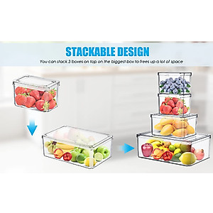Set of 4 Fridge Food Storage Bins, Stackable Clear Kitchen Fruit Storage Containers, Freezer Organizer Fresh Keeper Box with Lid for Kitchen Countertops, Refrigerator, Pantry and Cabinets