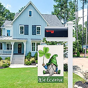 St Patricks Day Gnome Garden Flag Burlap 12x18 Inch Double Sided, Green Lucky Shamrock Welcome Small Sign Farmhouse Yard Outdoor Decoration DF190