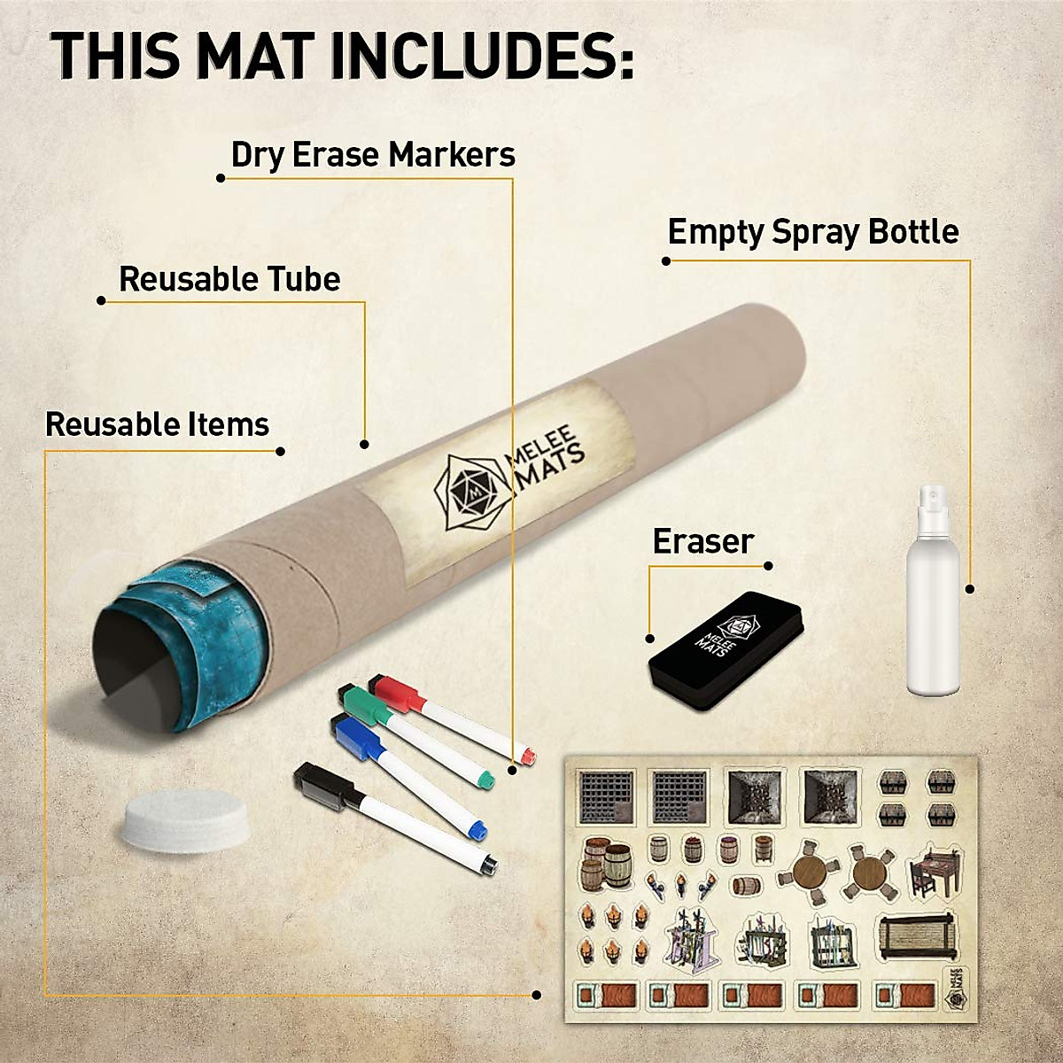 Melee Mats DND Map Starter Kit for Dungeons & Dragons Game - 24” x 36" 3 Pack Double Sided, Wet/Dry Erase Battle Terrain Grid - Ultimate Tabletop Board Gaming Experience with Accessories