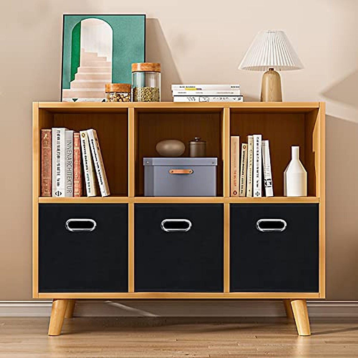 Yunkeeper Black Fabric Cubby Storage Bins，13x13x13 Inches ，Cube Organizer Bins Foldable Storage Bins with Dual Handles Fabric Organizer Bins and Basket Storage Box，Set of 3 ，Black