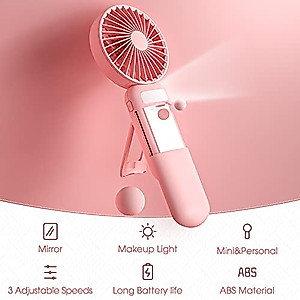 Mini Handheld Fan, Portable Fan Battery Operated, Small Personal Fan USB Rechargeable, 3 Speed Adjustable Hand Fan with Mirror & LED Fill Light, Makeup Eyelash Fan for Women Girls Travel Office