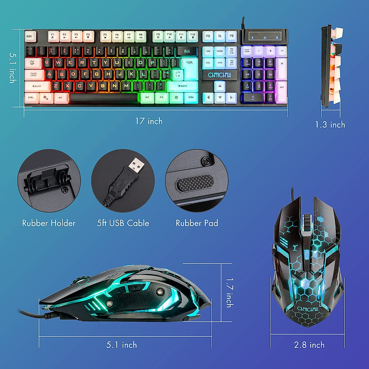 CHONCHOW Light Up Keyboard and Mouse Combo, Full Size RGB Gaming LED Keyboard and Rainbow Wired Gaming Mouse for PS4 PS5 Xbox One Computer Desktop PC Gamer Office