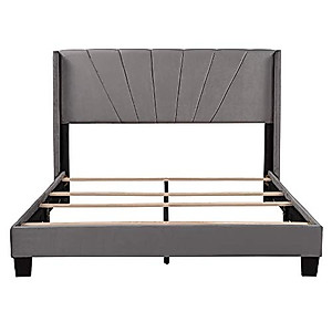 RORIGAT Queen Size Velvet Upholstered Platform Bed with Headboard and Strong Wooden Slats,Noise-Free,No Box Spring Needed,Gray