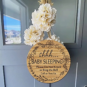 Rustic Baby Sleeping Hanging Sign Plaque, Do Not Knock Or Ring The Bell, Round Sturdy Wooden Door Hanger for Baby Room, Nursery, Kindergarten, Bedroom, Door Knob Decor