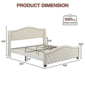 GAOMON King Size Upholstered Platform Bed Frame with Tall Headboard, Luxurious Velvet Button Tufted and Nailhead Trim Wingback, Arched Footboard, No Box Spring Needed, Beige