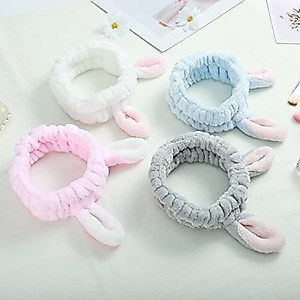 Ygreato 4 Pack Elastic Makeup Headbands for Women, Girls' Soft Flannel Bunny Ears Headbands Head Wraps, SPA Headband for Washing Face