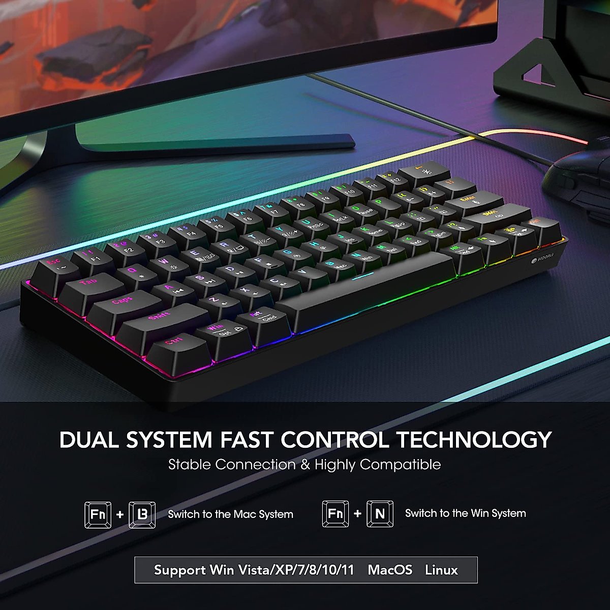 KOORUI Gaming Keyboard 60 percent, Wired Ultra-Compact Mechanical Keyboard 61 Keys,26 RGB Backlit with Blue Switch Mini Keyboards for Windows MacOS Linux-Easy to Carry On Trip